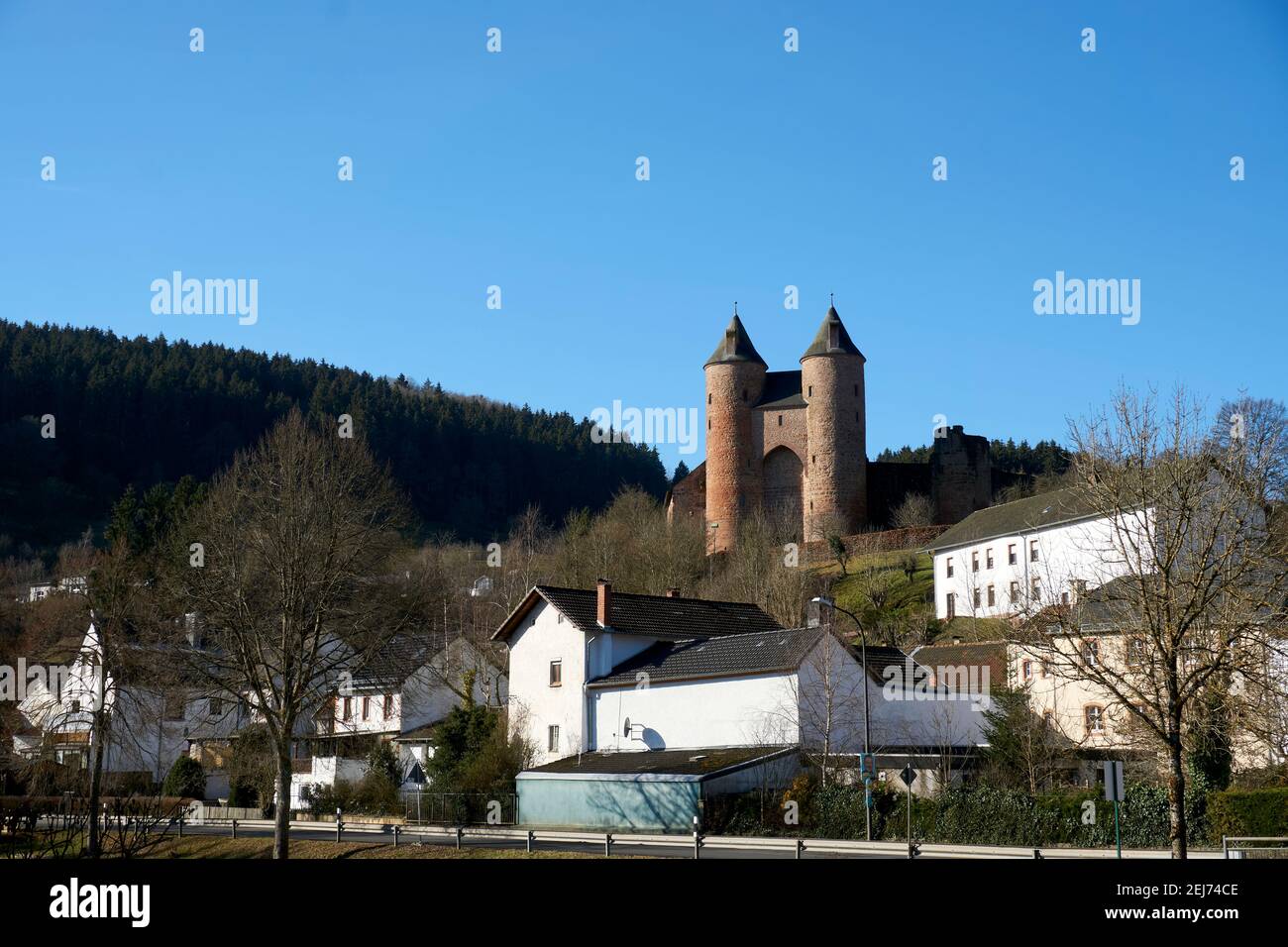 German landscape of a castle Bertradaburg in the Eifel at Gerolstein ...