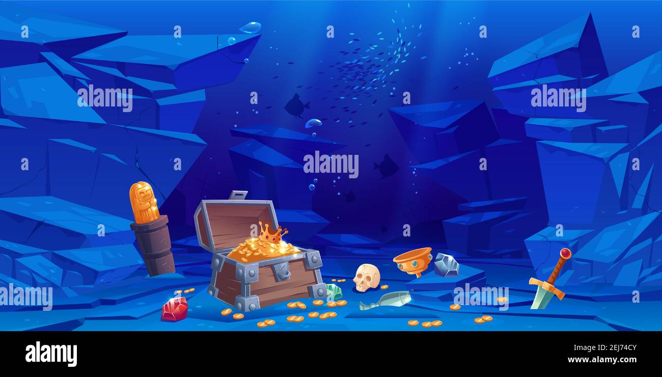 Treasure on sea bottom, chest with golden coins and crown, crystal gems ...