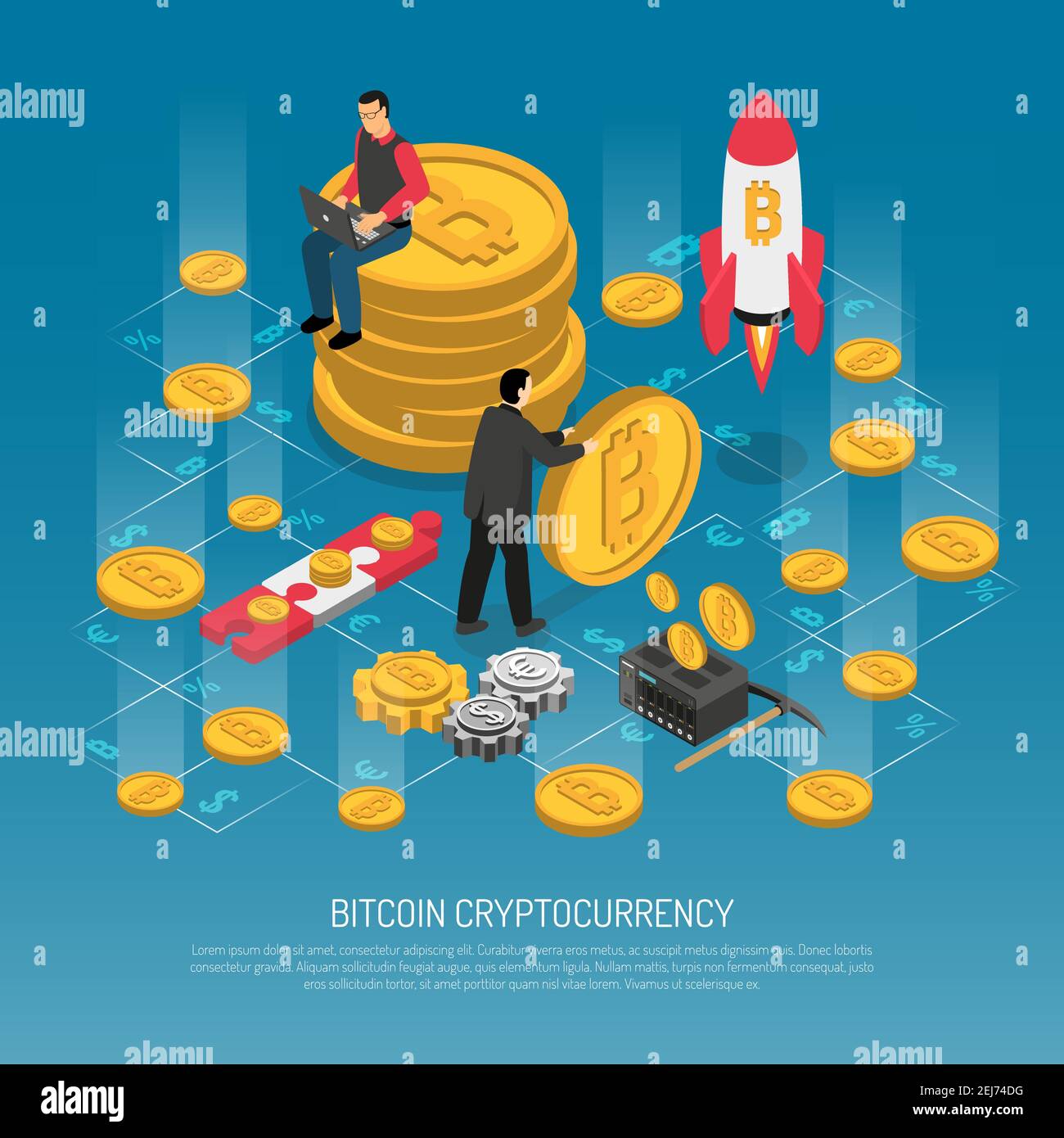 Cryptocurrency technology isometric poster with man sitting on bitcoins ...