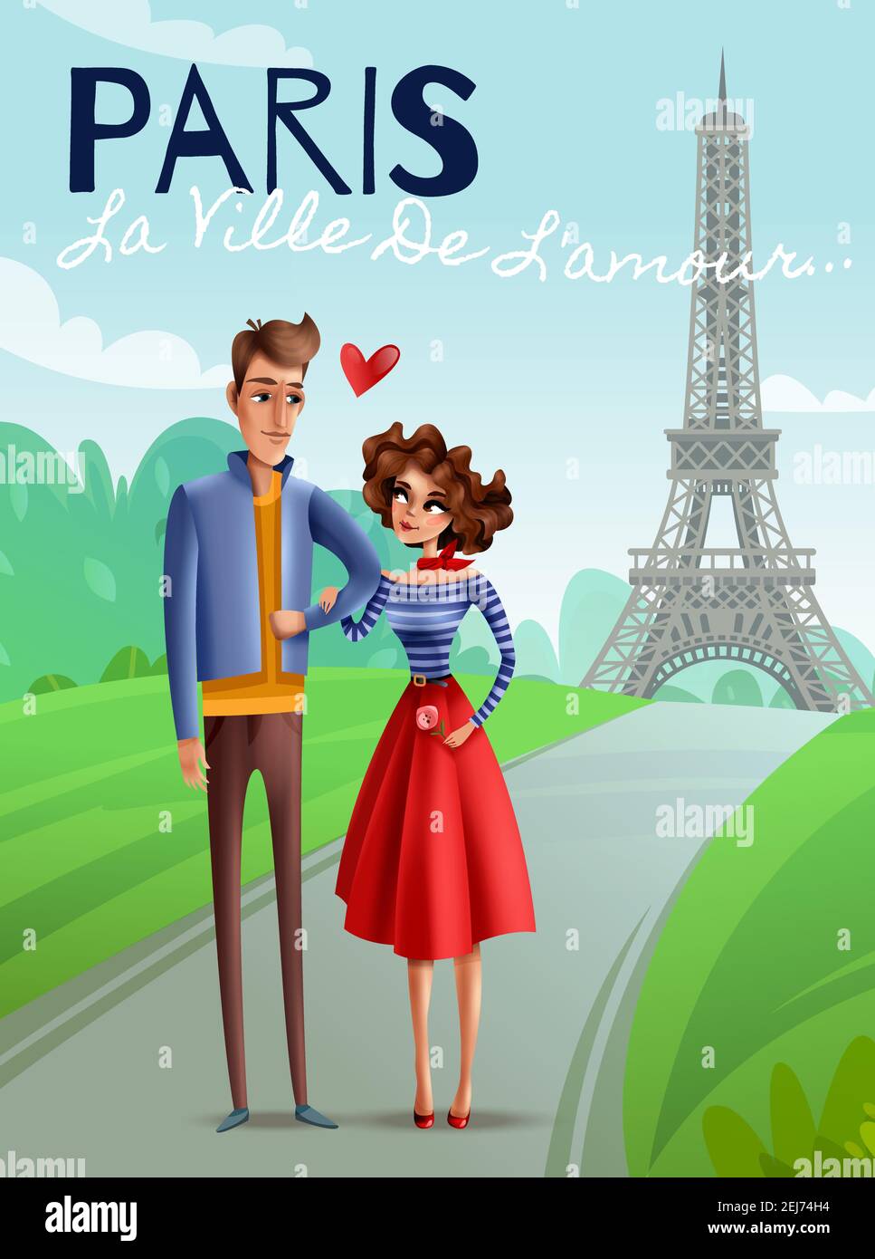 Paris as city of love cartoon poster with young couple at eiffel tower ...