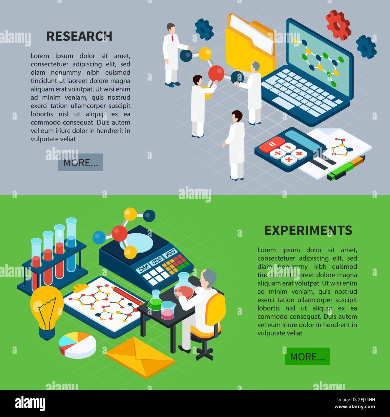 Science horizontal isometric banners set with research symbols isolated ...