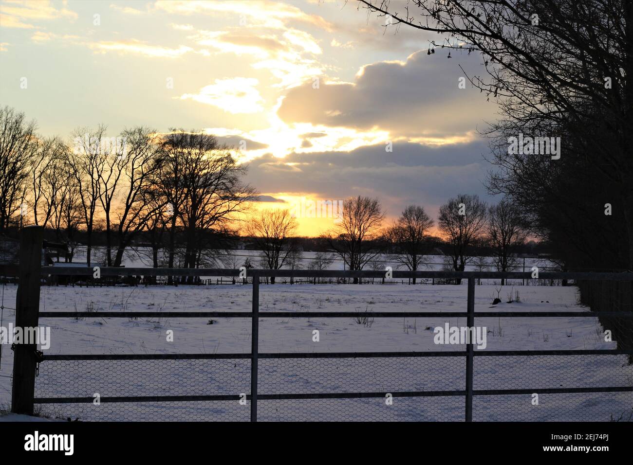 A beautyful sunset with cloudy sky a cattle gate in the foreground ...