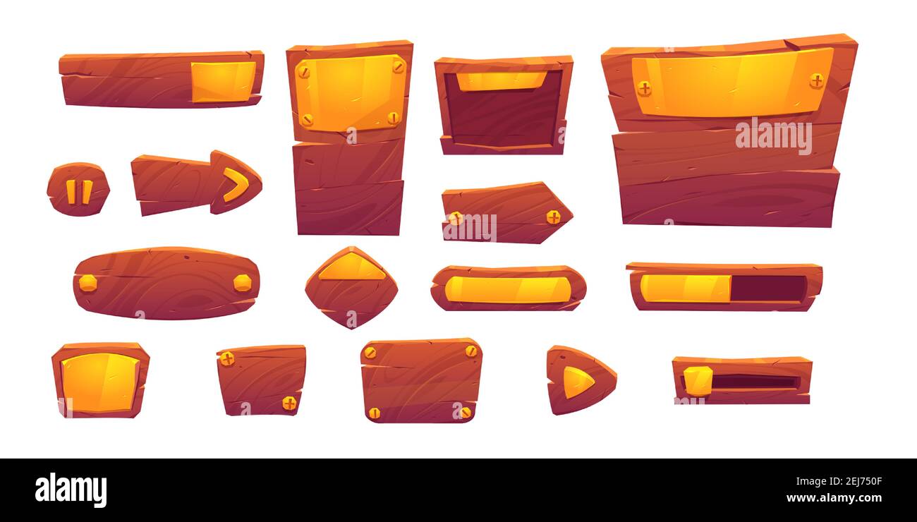 Game buttons of wooden and gold texture, cartoon menu interface ...