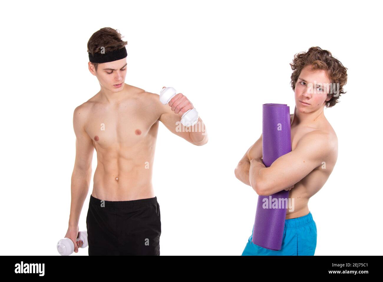 Fitness and healthy lifestyle. Two young attractive students in the gym ...
