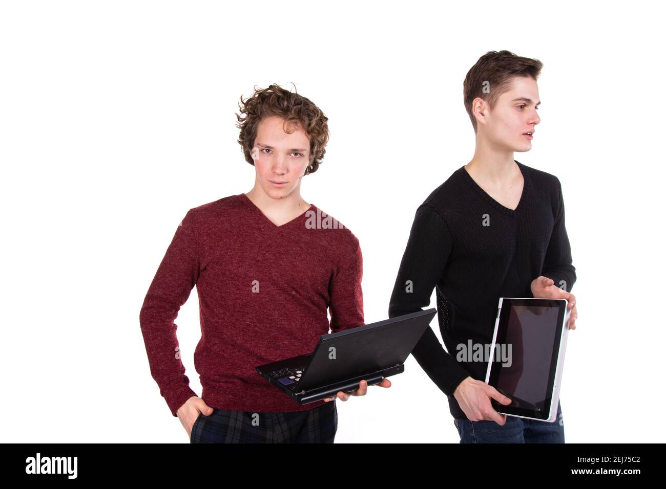 Study and work. Two young attractive students with laptops Stock Photo ...
