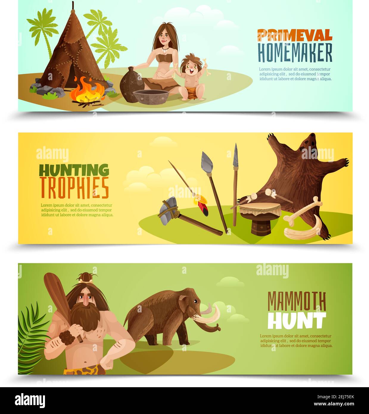 Cavemen horizontal banners with primeval homemaker hunting trophies ...