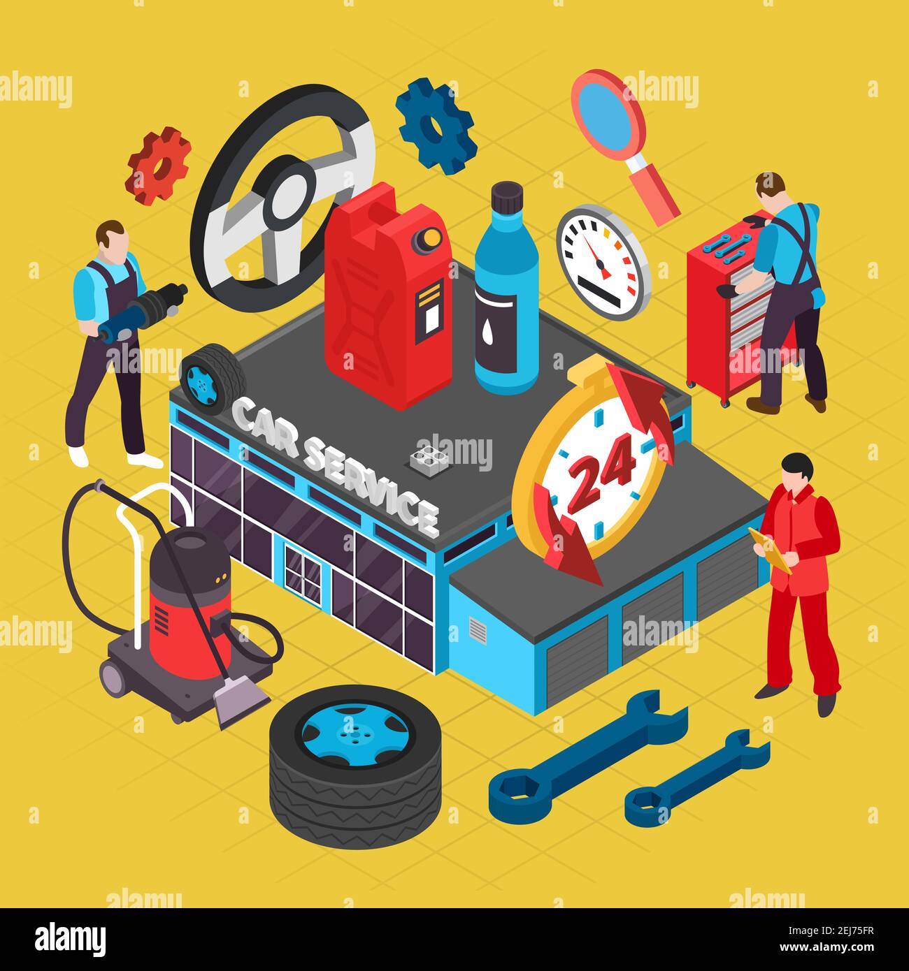 Car service isometric concept with spare parts symbols vector ...