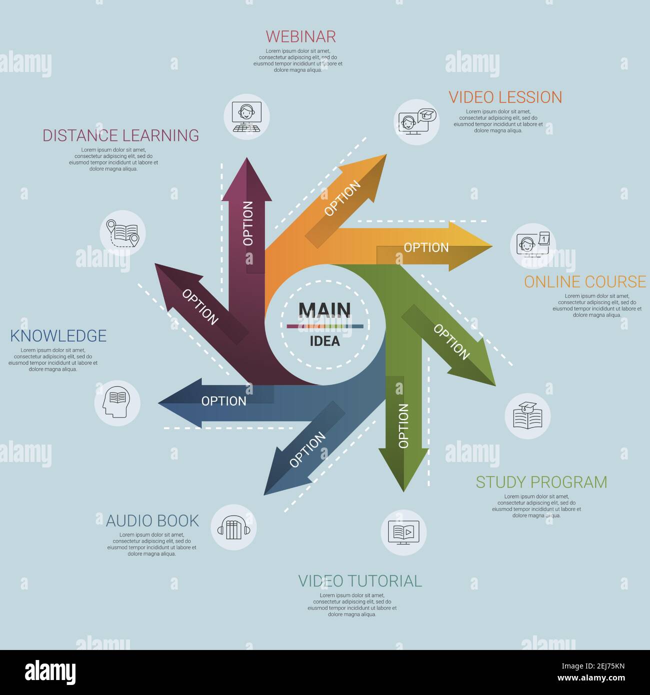 Infographic E-Learning template. Icons in different colors. Include ...