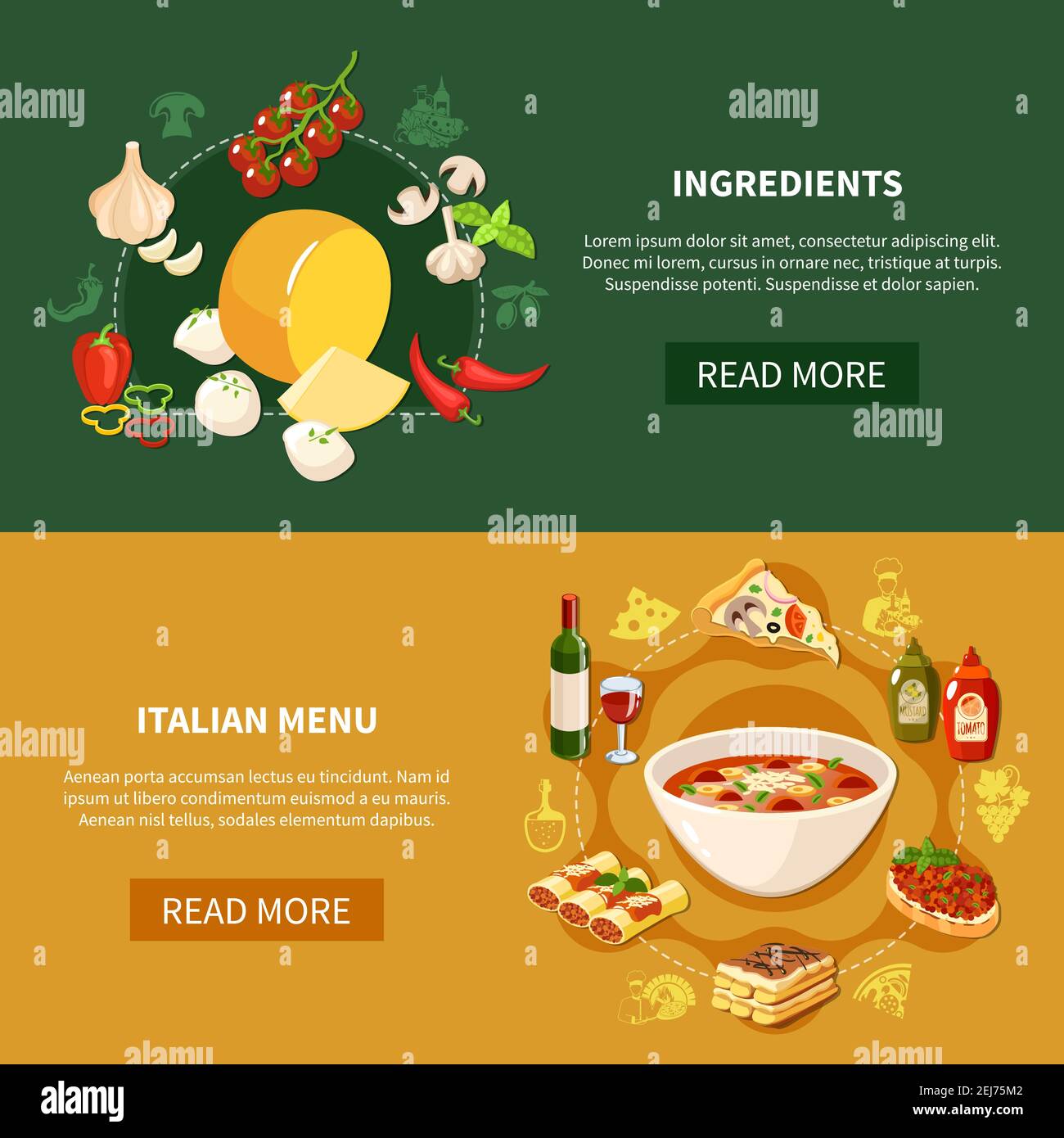 Italian food horizontal banners with ingredients for traditional ...
