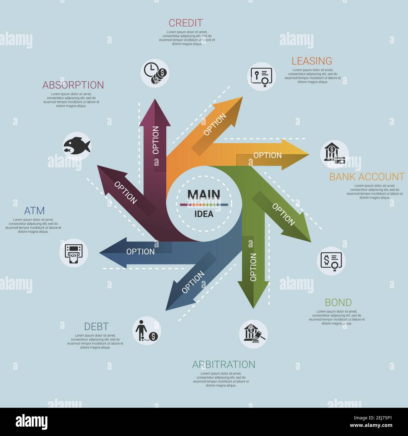 Infographic Banking template. Icons in different colors. Include ...