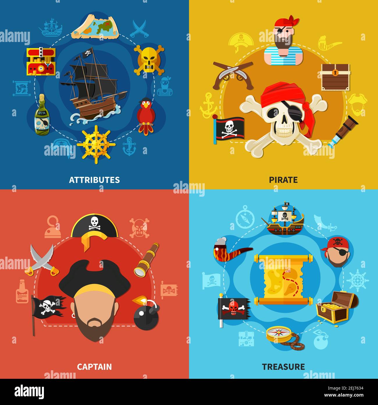 Pirate attributes, accessories of captain, treasure map and chest with ...