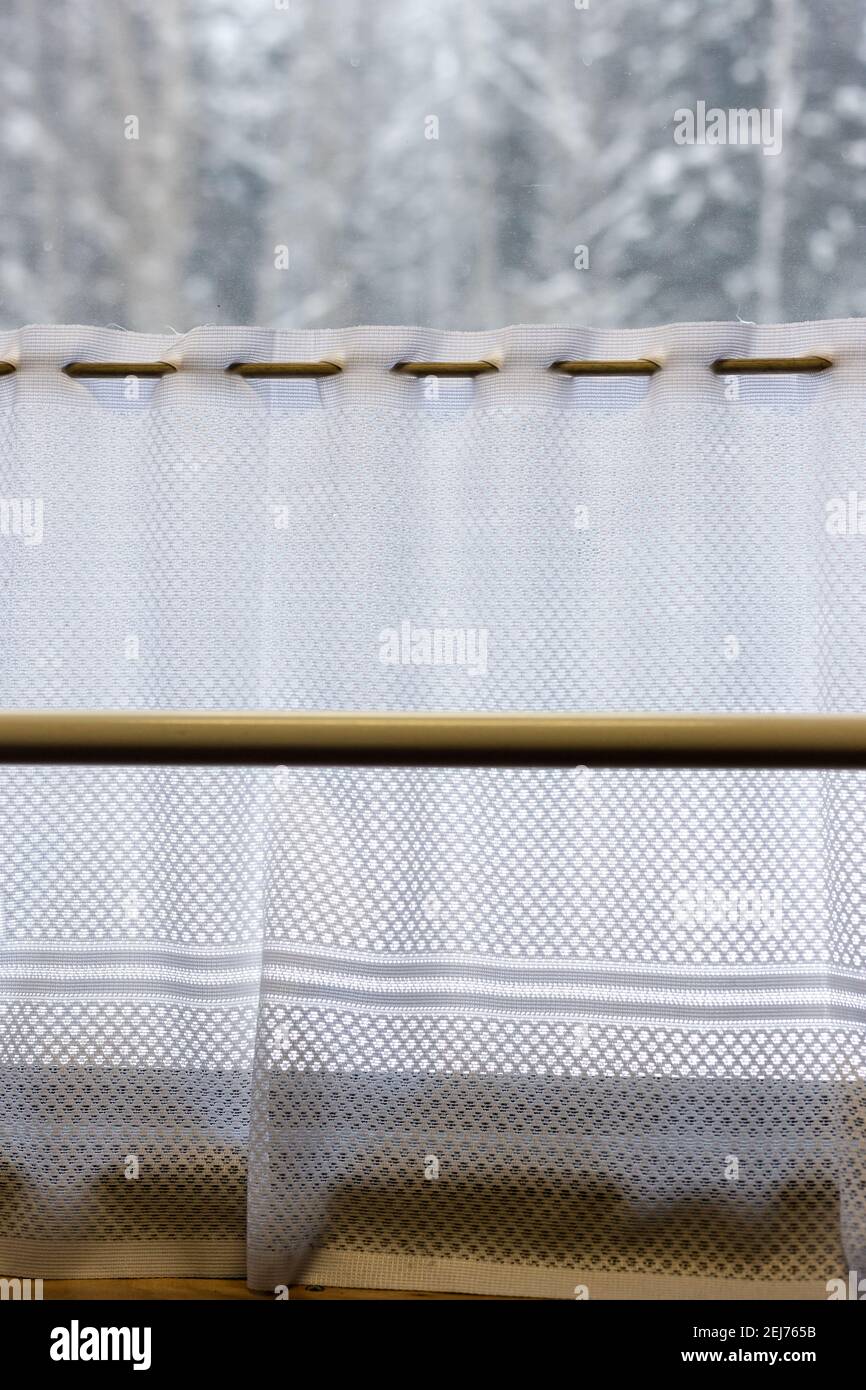 Lace curtains on the window in the train carriage Stock Photo - Alamy