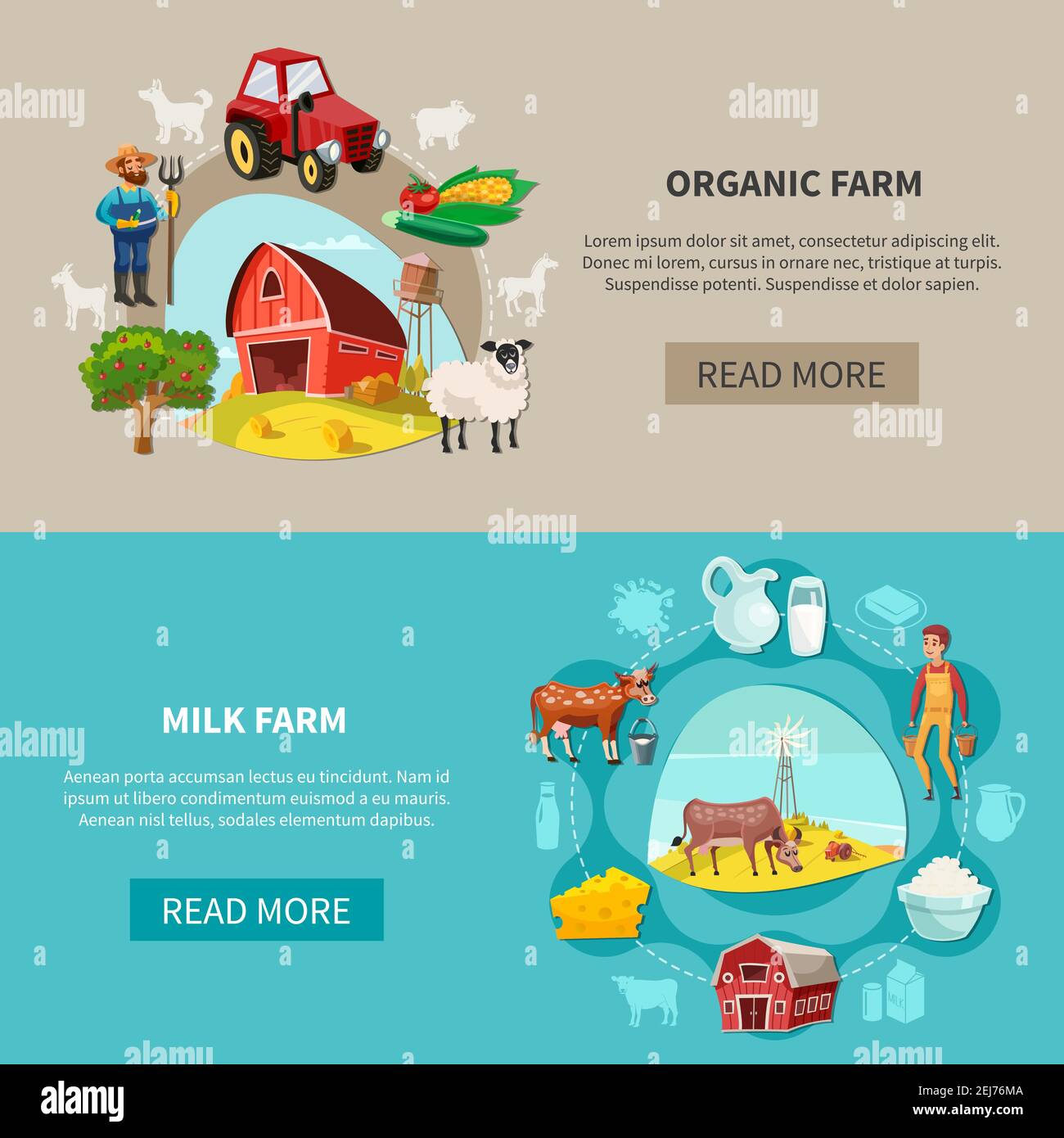 Two cartoon and horizontal farm banner set with organic and milk farms ...