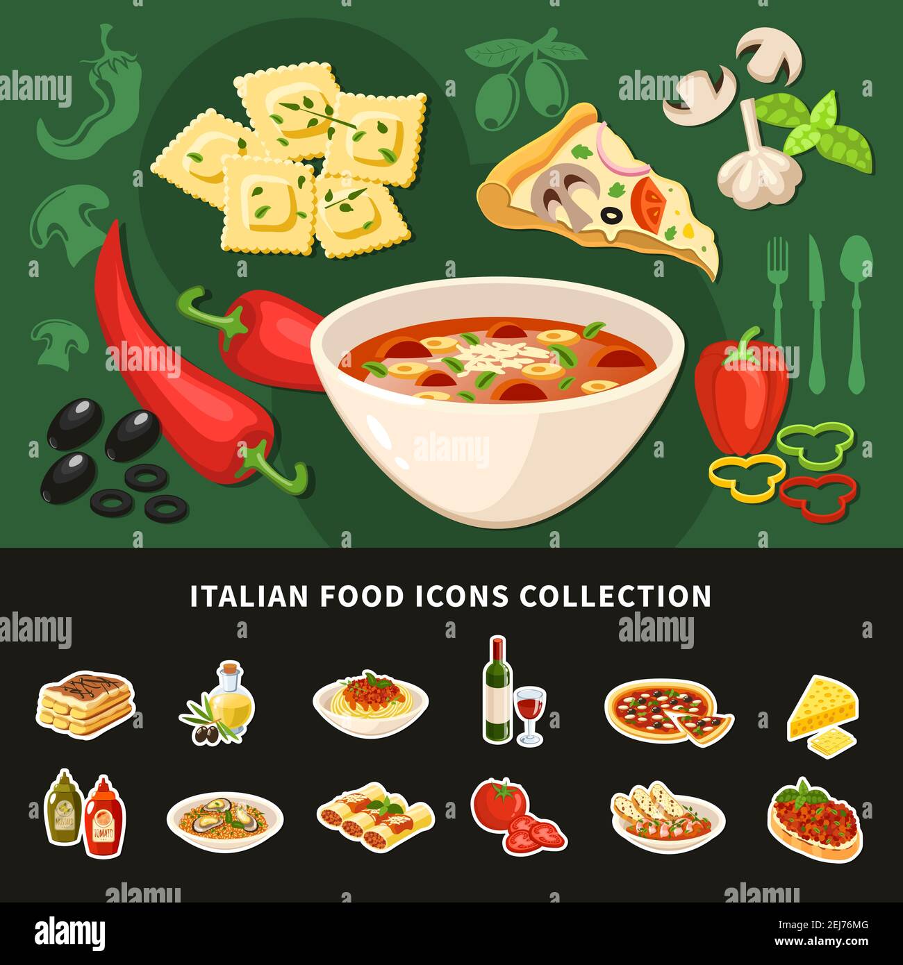 Italian food icons collection of national dishes with ravioli ...