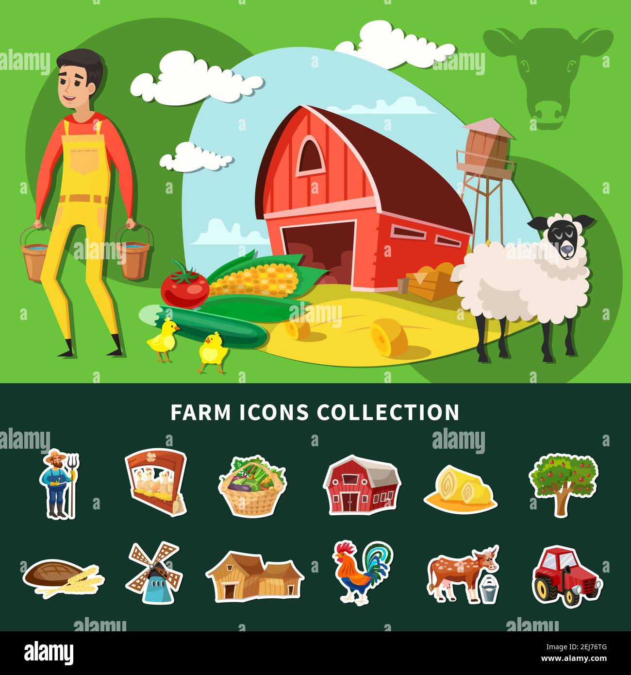 Colored cartoon farm composition with isolated farm icon set or ...