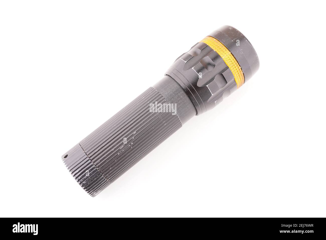 black metal flashlight on a white background Stock Photo - Alamy