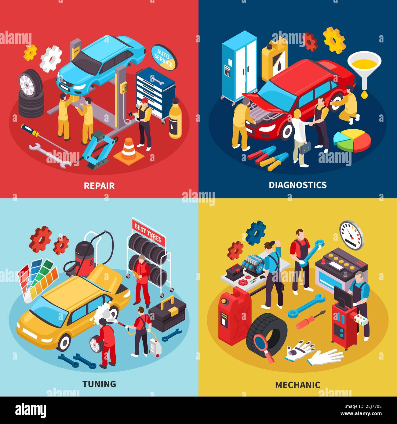 Auto service concept icons set with tuning and repair symbols isometric ...