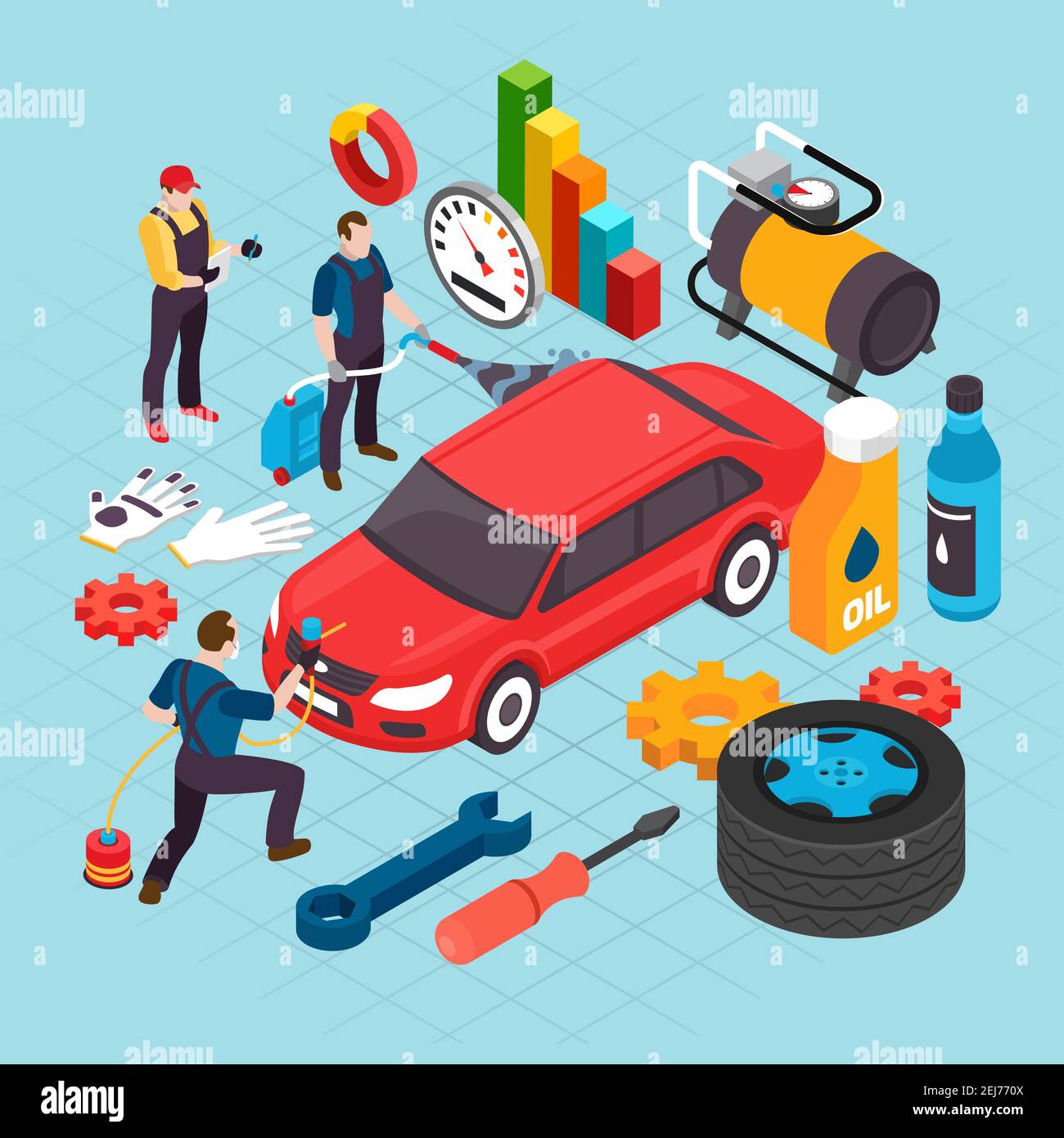 Auto service isometric concept with maintenance and repair symbols ...