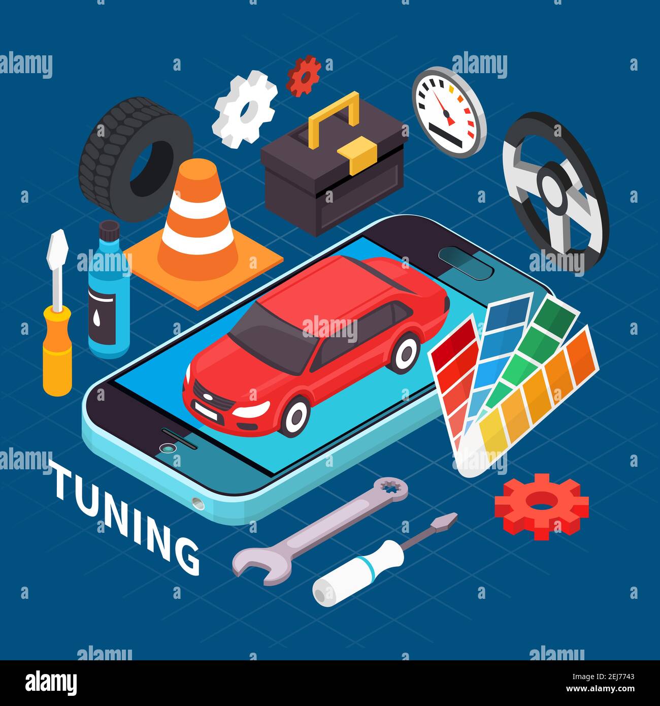 Auto service and tuning isometric concept with spare parts symbols ...