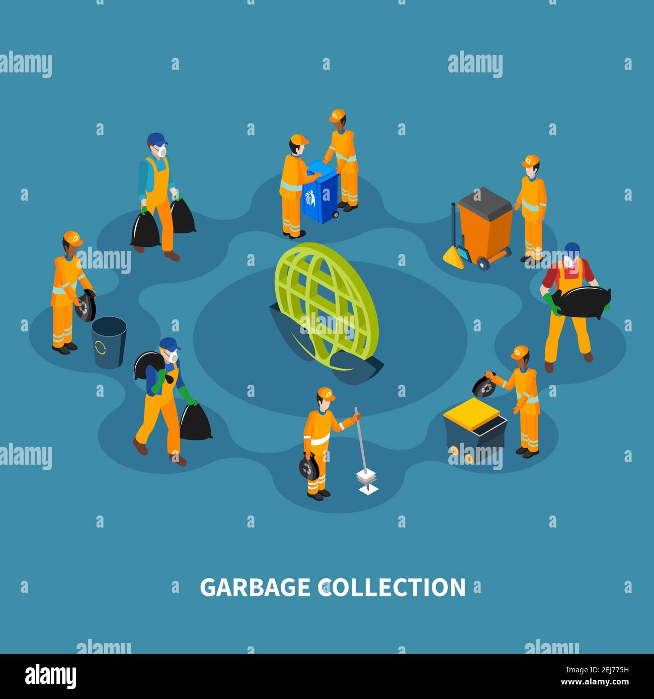 Garbage isometric composition with human characters of cleaning ...