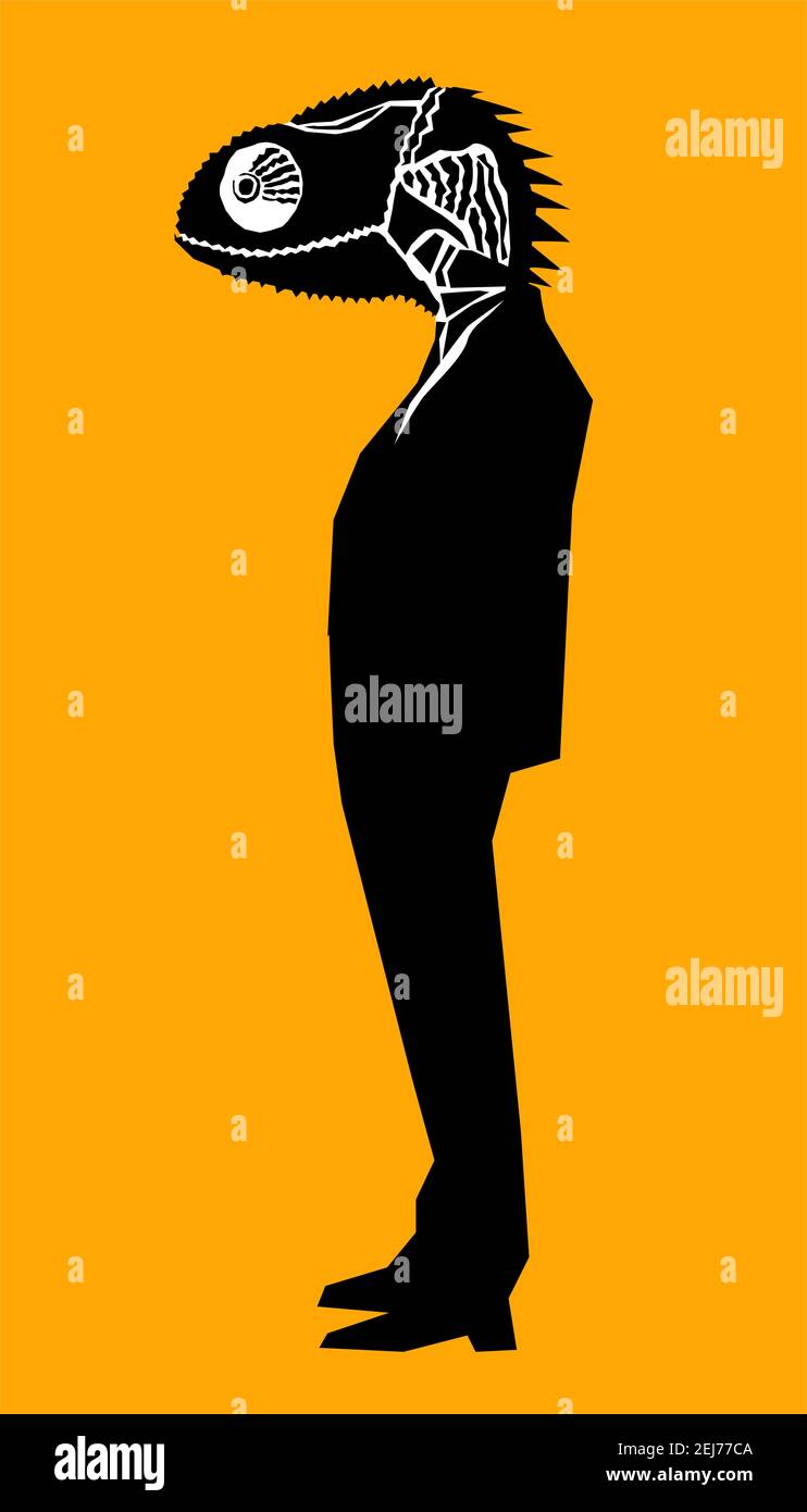 Cartoon illustration of funny man with reptile head dressed up in black ...