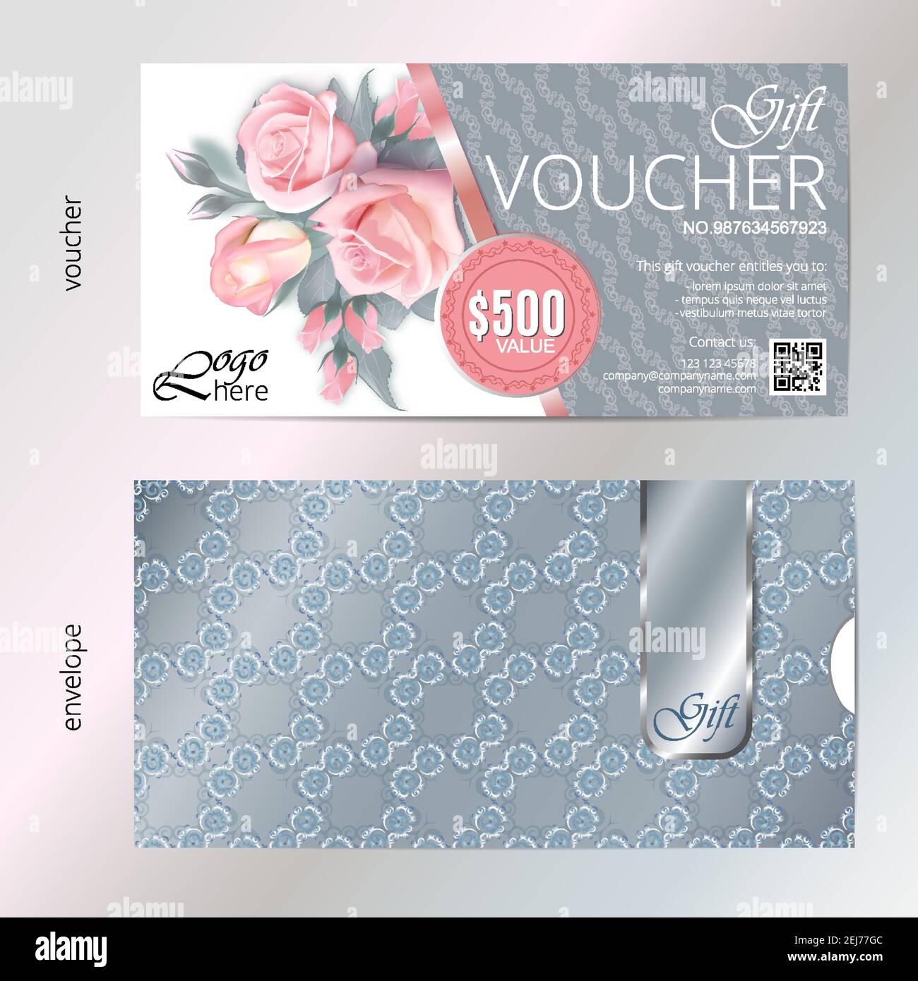 Gift voucher vector beauty rose background plus envelope. VIP backdrop ...
