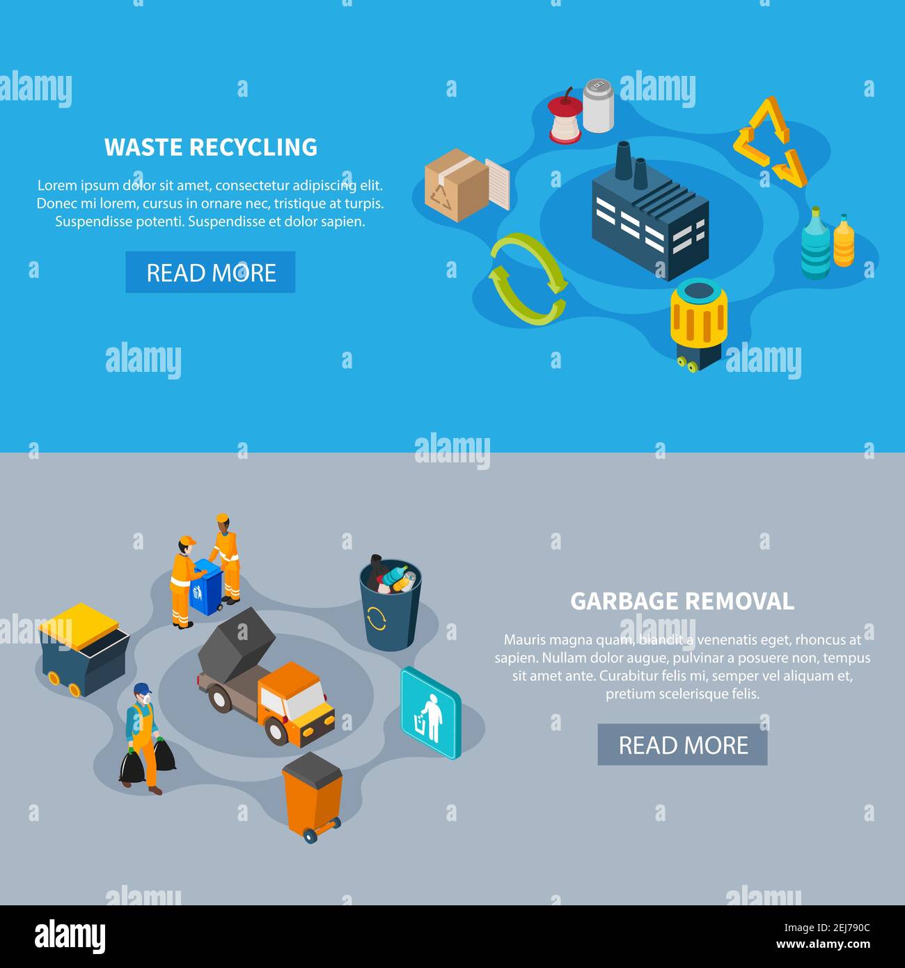 Garbage isometric set of two horizontal banners with read more button ...