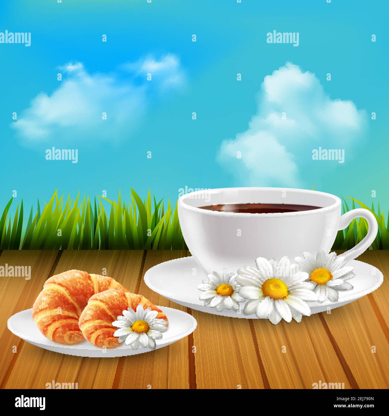 Daisy realistic breakfast composition with cup of coffee and a ...