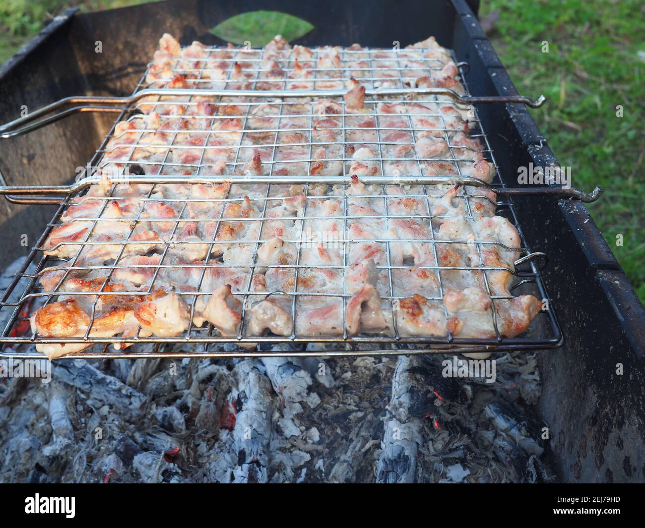 kebab on a metal grid is cooked over the fire Stock Photo - Alamy