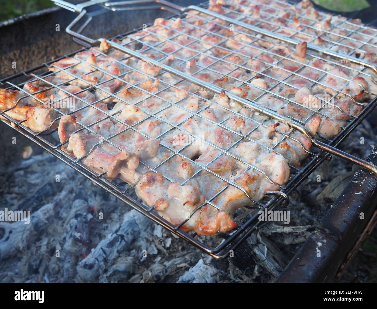 kebab on a metal grid is cooked over the fire Stock Photo - Alamy