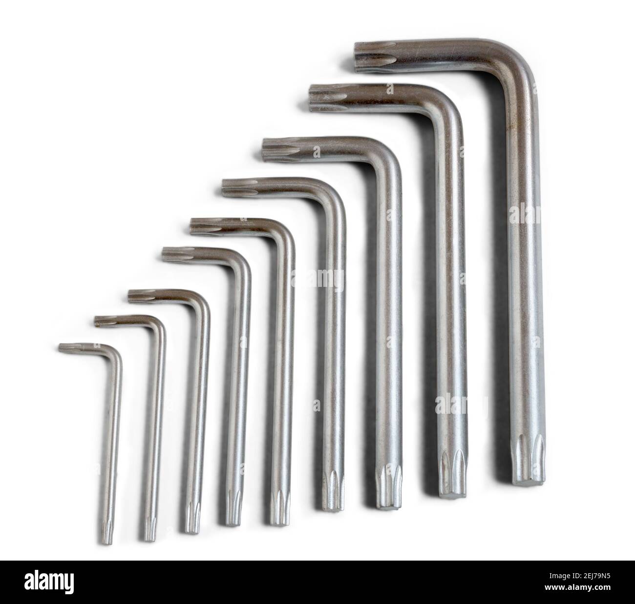 A series of currently in use, stacked in ascending order of size, shiny ...