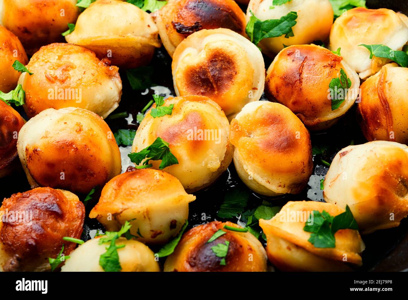 Frying pan with roasted tasty pelmeni.Fried dumplings Stock Photo - Alamy