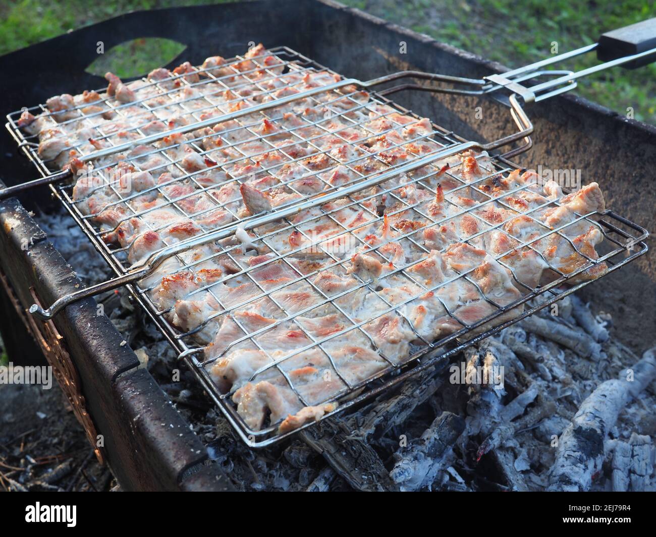 kebab on a metal grid is cooked over the fire Stock Photo - Alamy