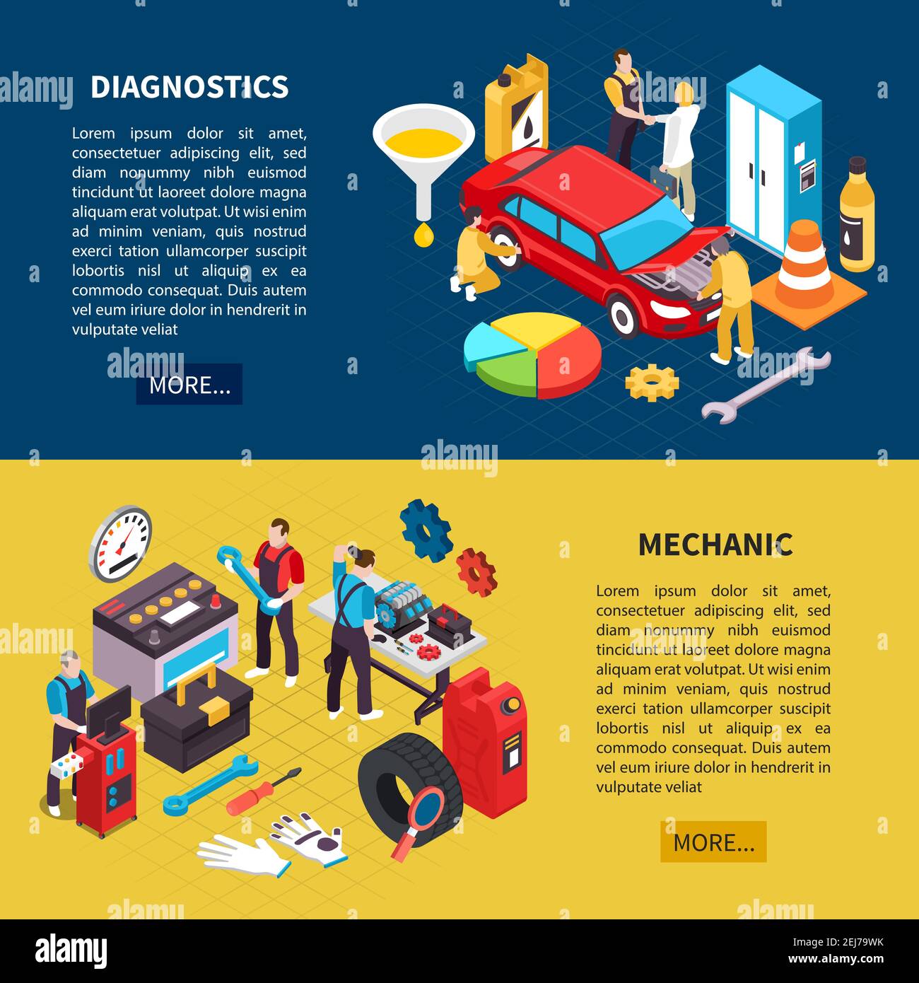 Car service horizontal banners set with diagnostics symbols isometric ...