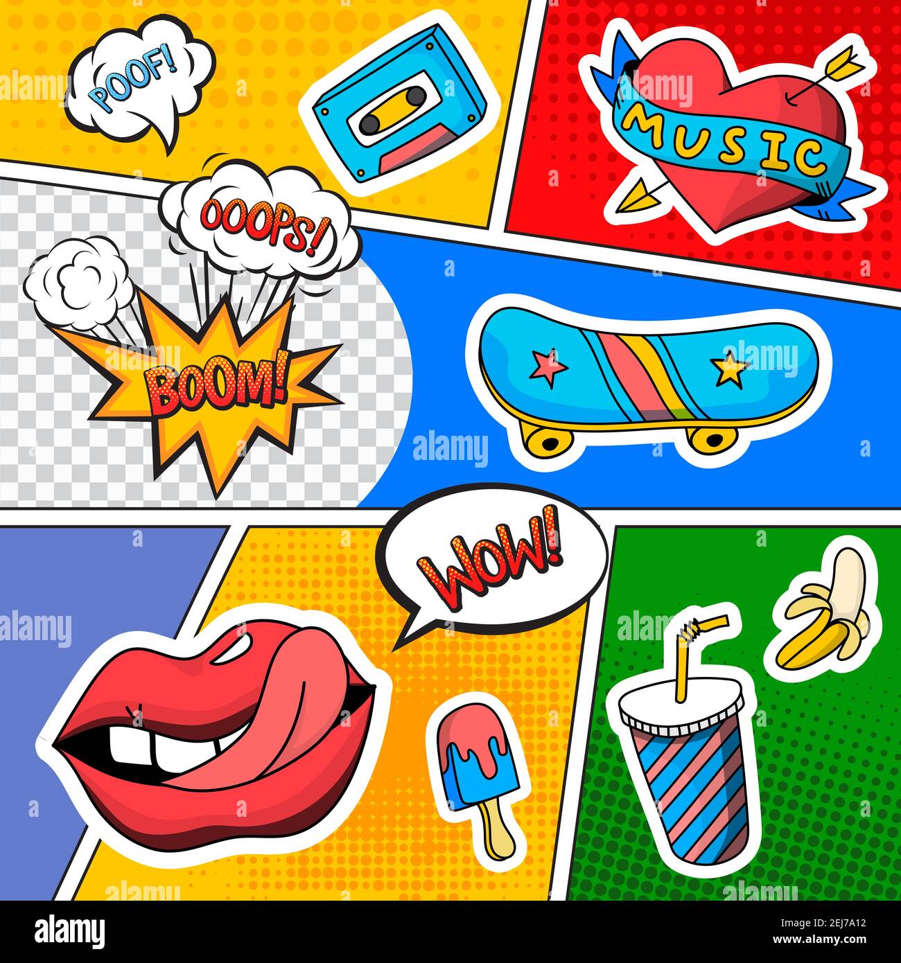 Comic book page with emotions and sound effects on colorful divided ...