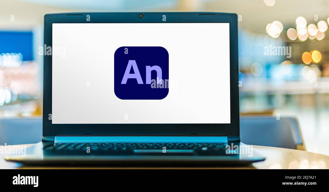 POZNAN, POL - AUG 8, 2020: Laptop computer displaying logo of Adobe ...