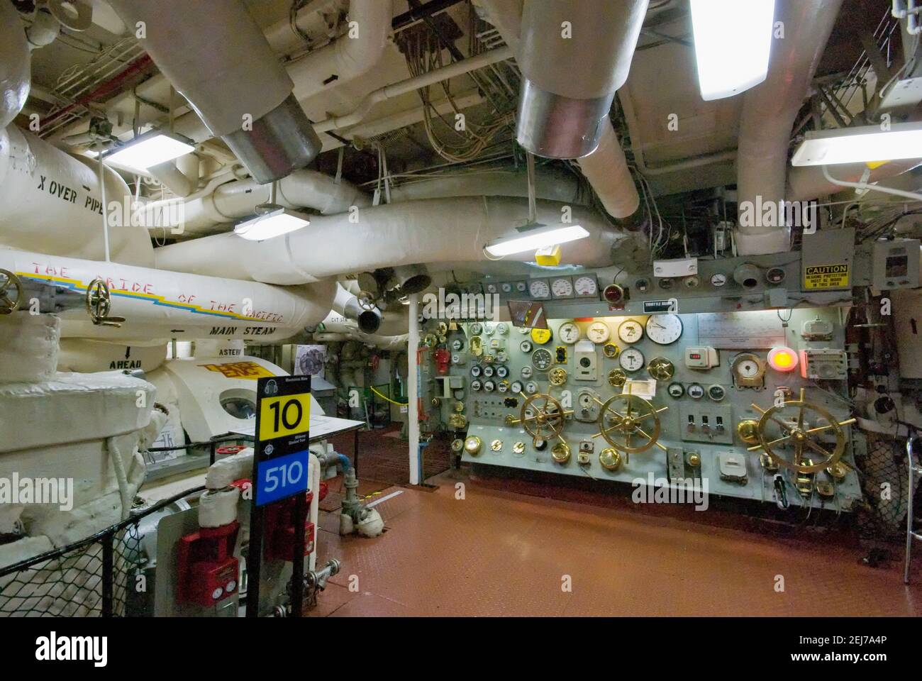 Engine room controls at USS Midway aircraft carrier museum ship, San ...