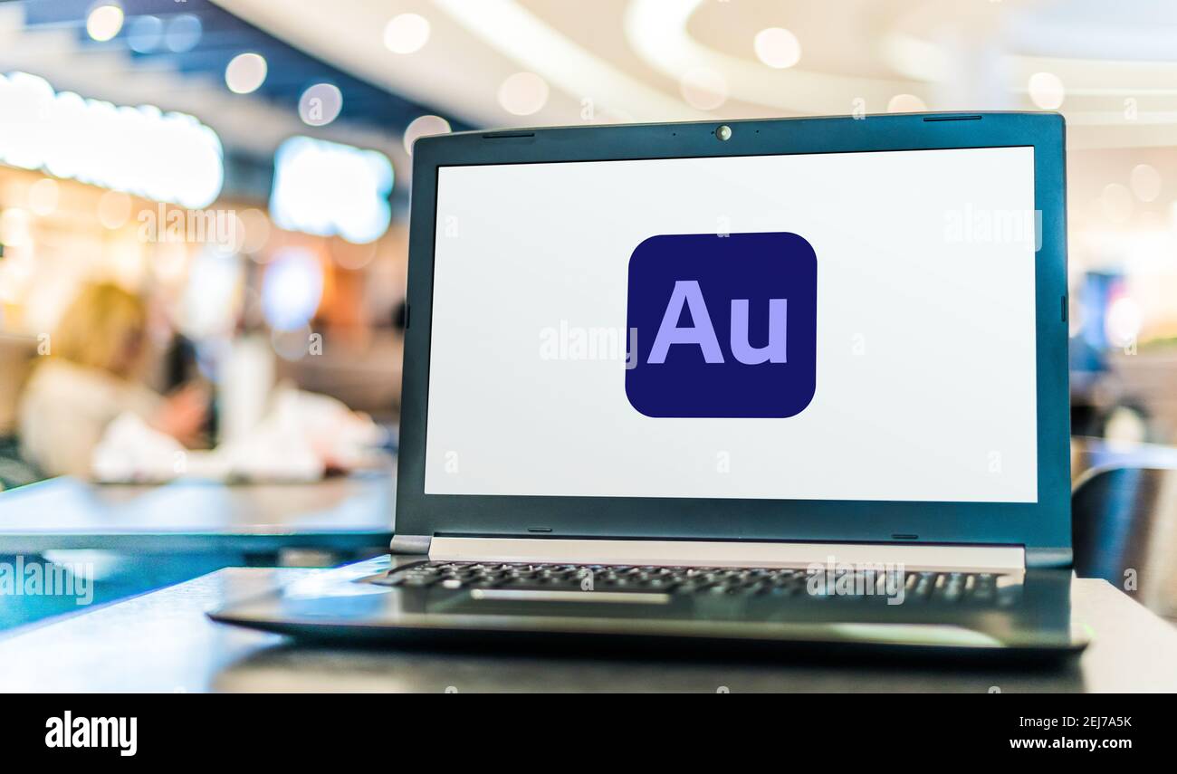 POZNAN, POL - AUG 8, 2020: Laptop computer displaying logo of Adobe ...