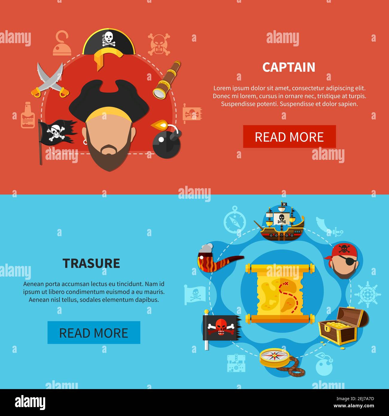 Set of horizontal cartoon banners with pirate captain, treasure map ...