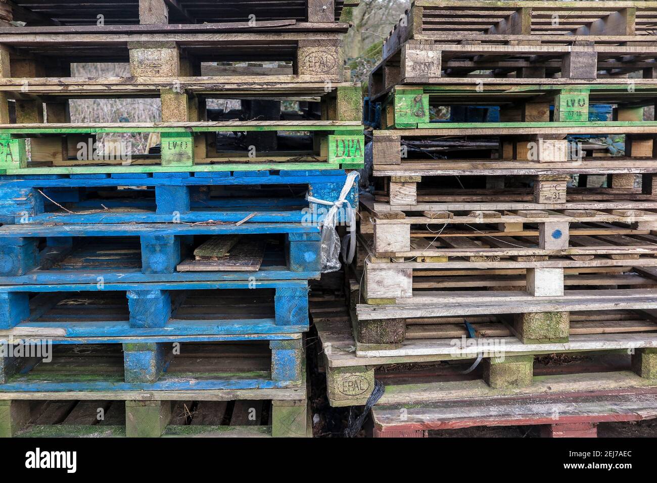 A pile of randomly coloured wooden pallets Stock Photo - Alamy