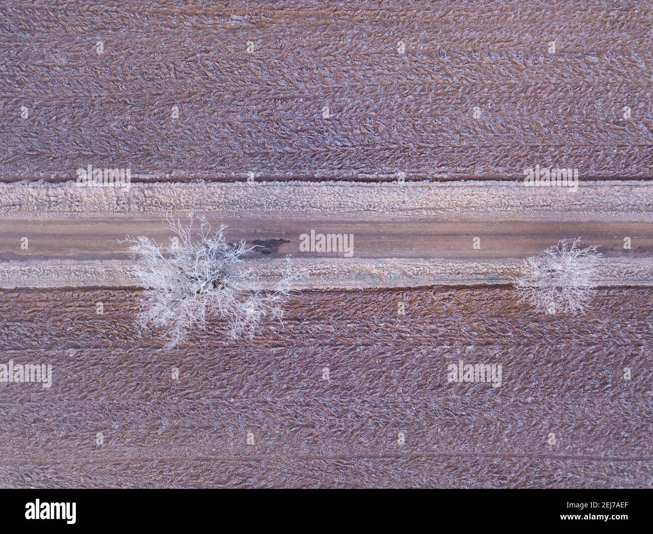 winter road, landscape covered by morning frost, top down aerial view ...