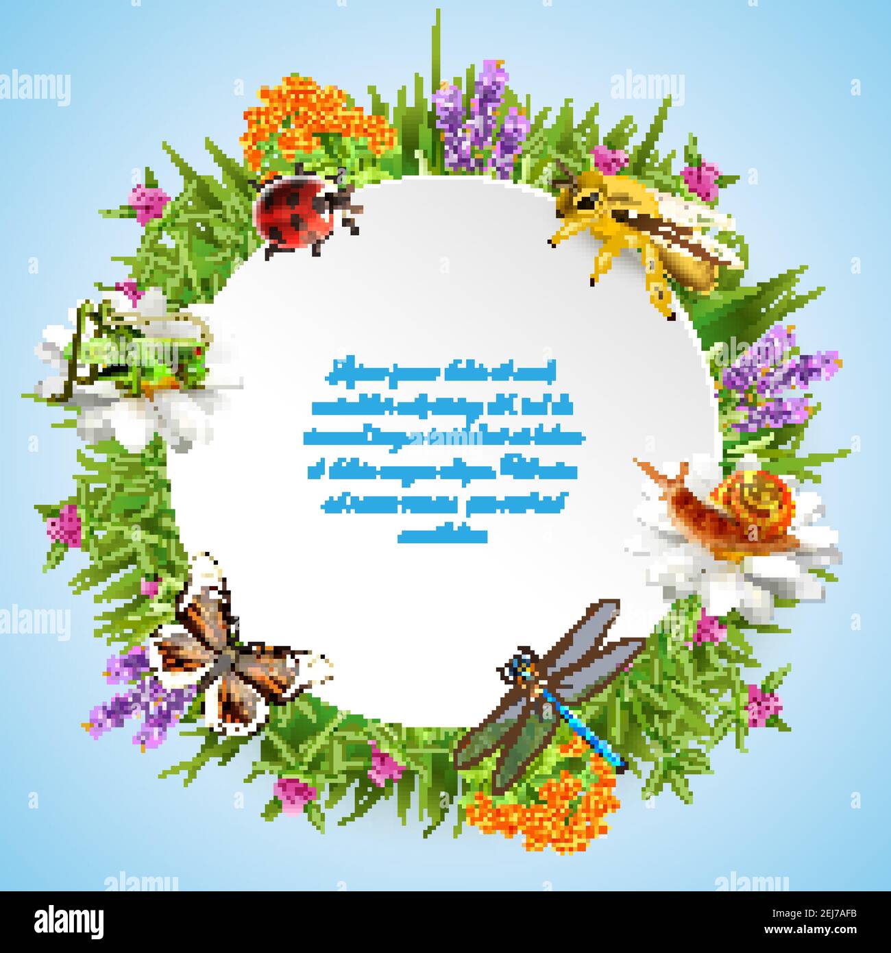 Insects in grass with wild flowers realistic round frame with ladybirds ...