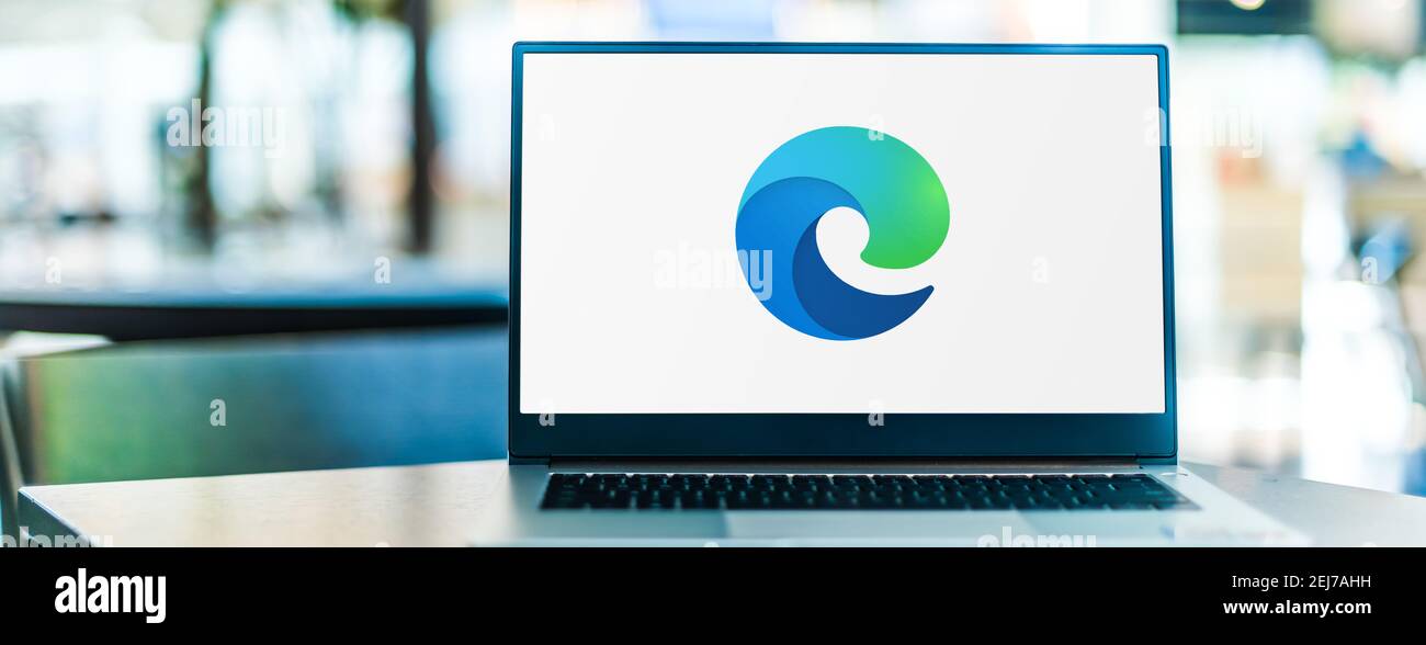 POZNAN, POL - SEP 23, 2020: Laptop computer displaying logo of ...