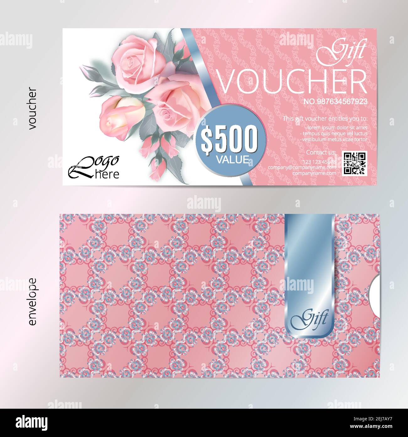 Gift voucher vector beauty rose background plus envelope. VIP backdrop ...