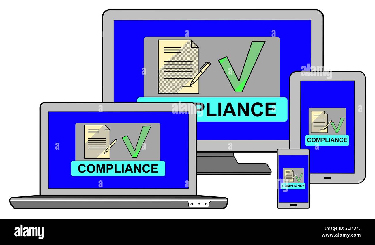 Compliance concept shown on different information technology devices ...