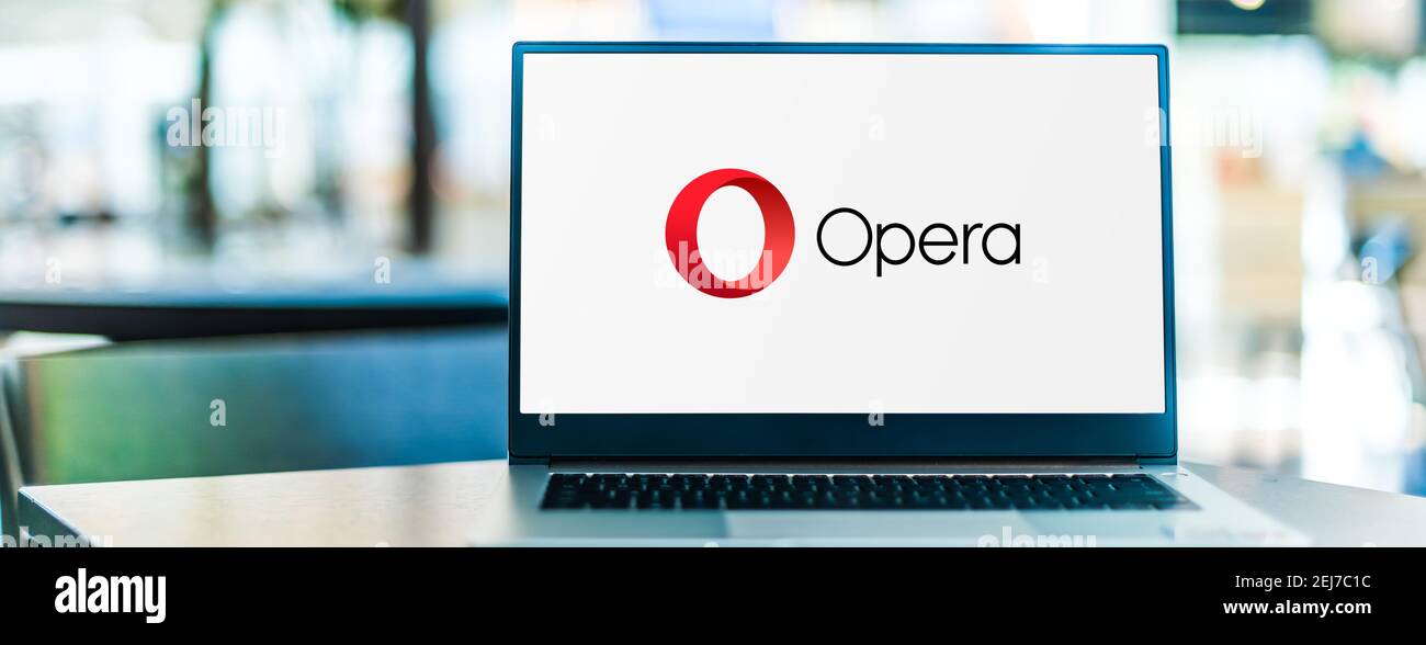 POZNAN, POL - SEP 23, 2020: Laptop computer displaying logo of Opera, a ...
