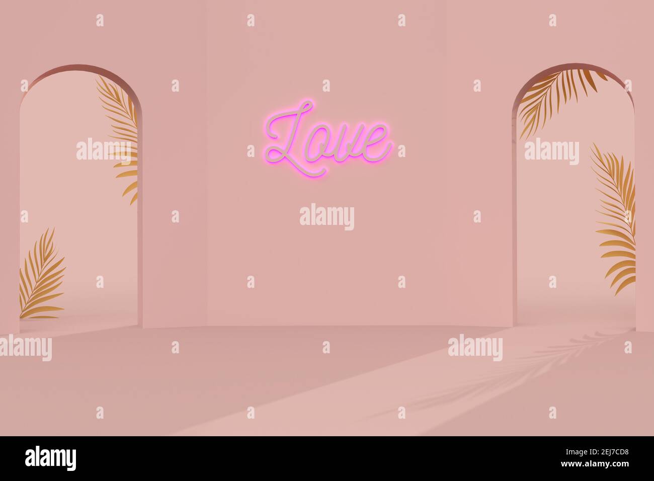 Minimalist 3D render space in pastel pink with two entrances, tropical ...