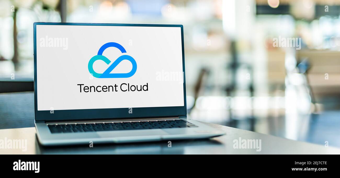 POZNAN, POL - SEP 23, 2020: Laptop computer displaying logo of Tencent ...