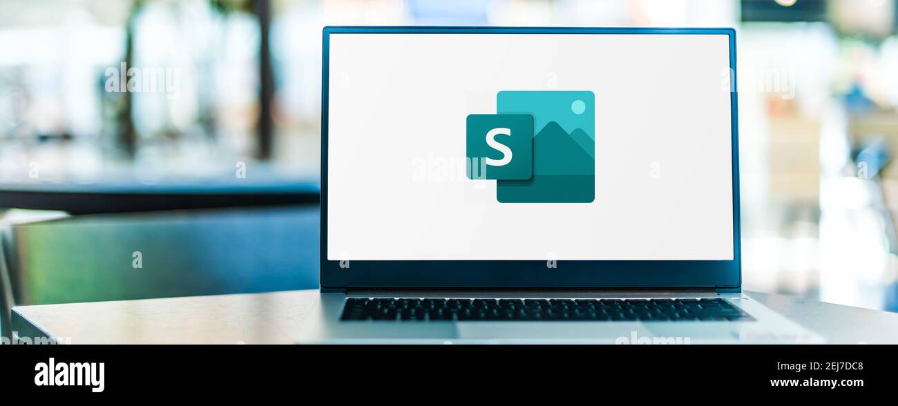 POZNAN, POL - SEP 23, 2020: Laptop computer displaying logo of ...