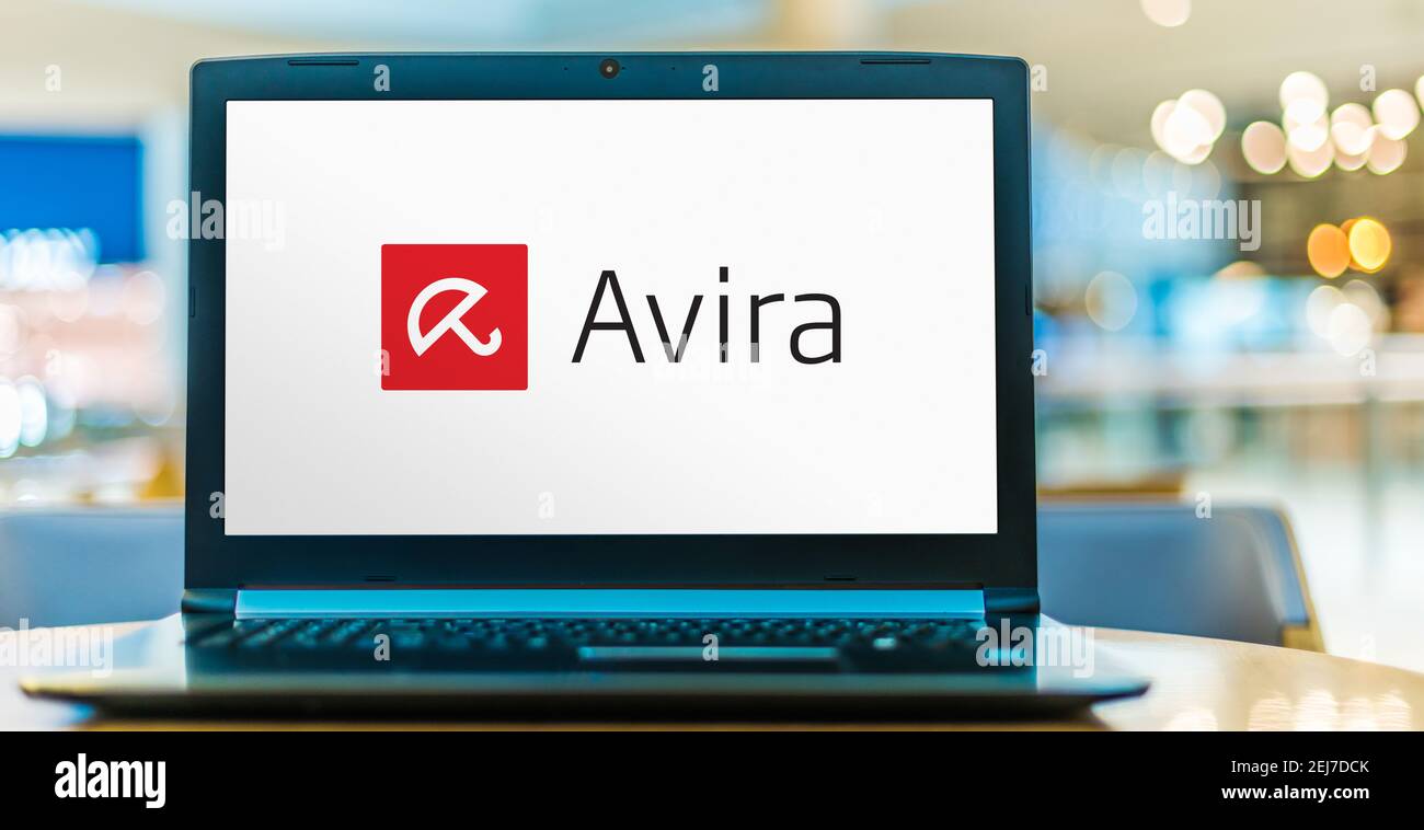 POZNAN, POL - SEP 23, 2020: Laptop computer displaying logo of Avira, a ...